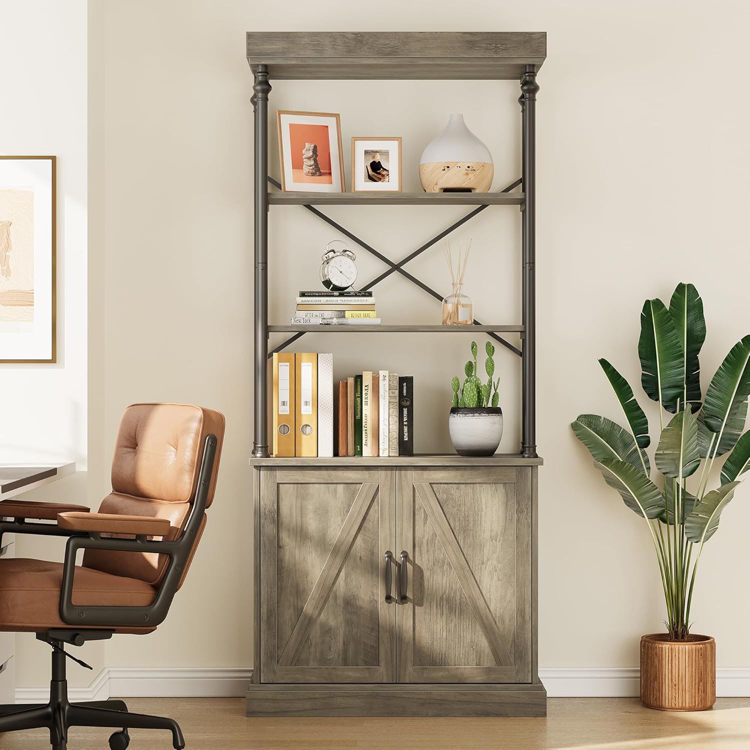 Winston Porter Industrial Farmhouse Bookcase with Doors - 74" Tall Wood & Metal Bookshelf with ...